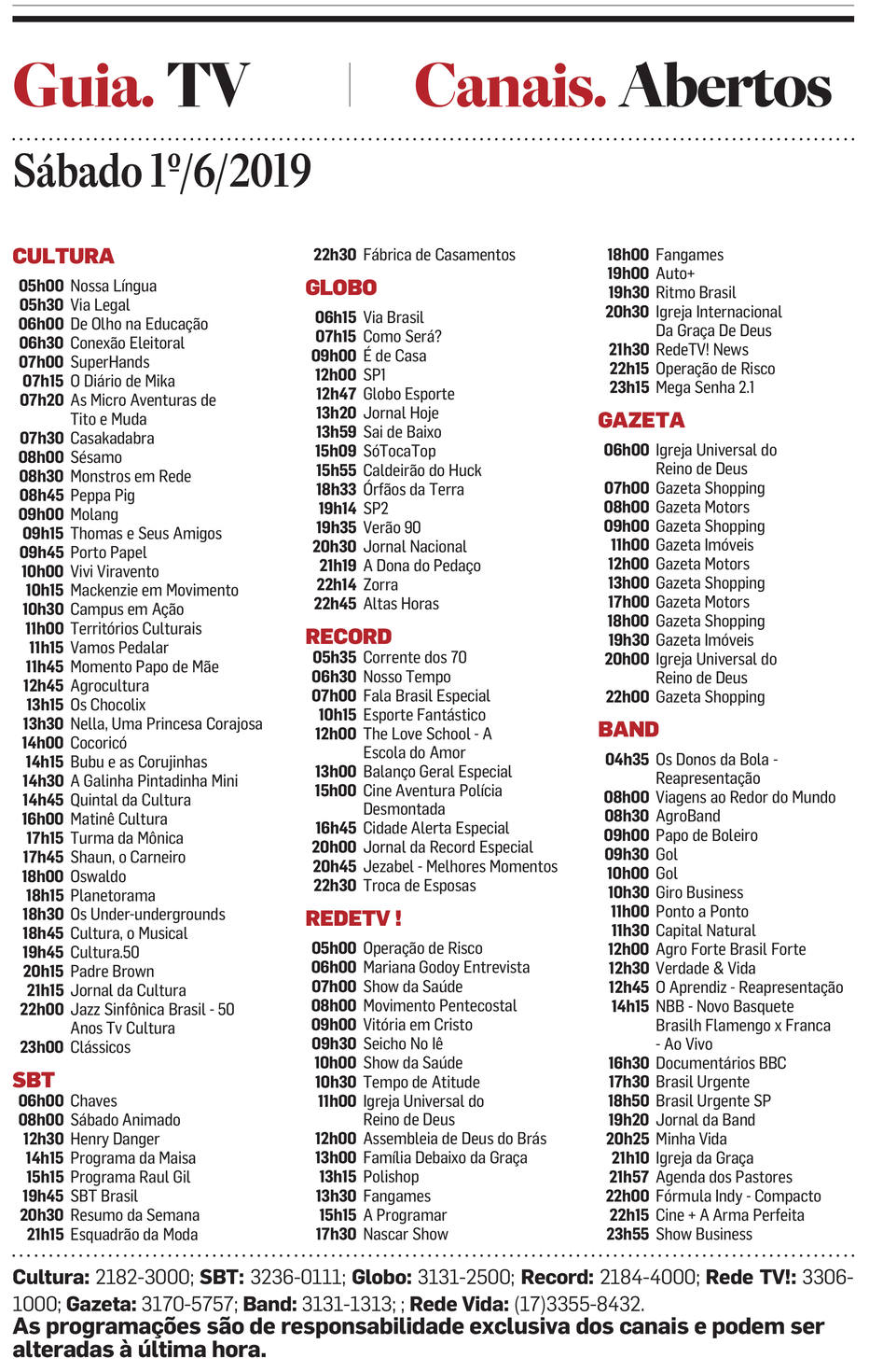Programação da TV aberta - Cultura - Estadão