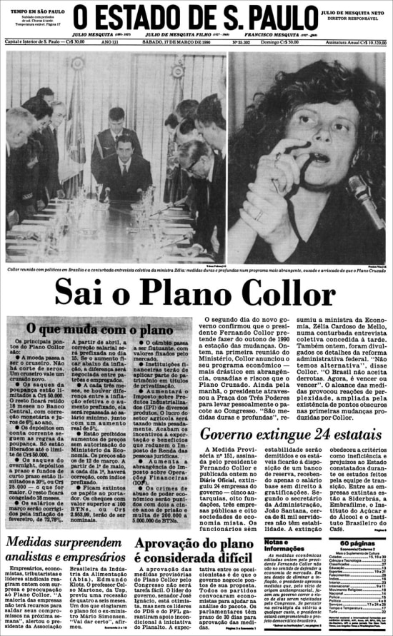 Plano Collor confiscou poupança e trocou moeda - noticias - O Estado de ...
